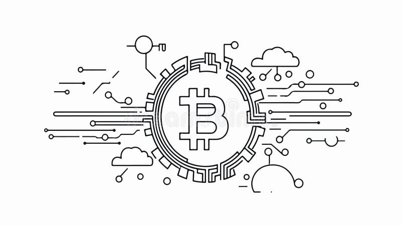 Detailed Outline Drawing of Large Gear, Cloud, and Bitcoin Symbol Stock ...