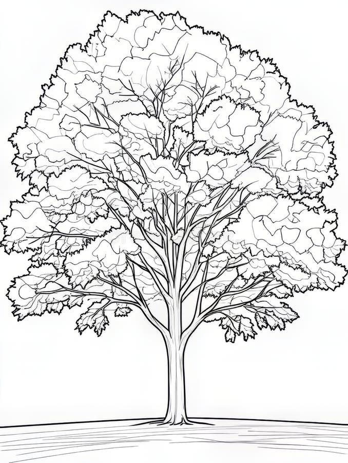 Detailed Outline Drawing of a Tree with Branches and Leaves. Stock ...