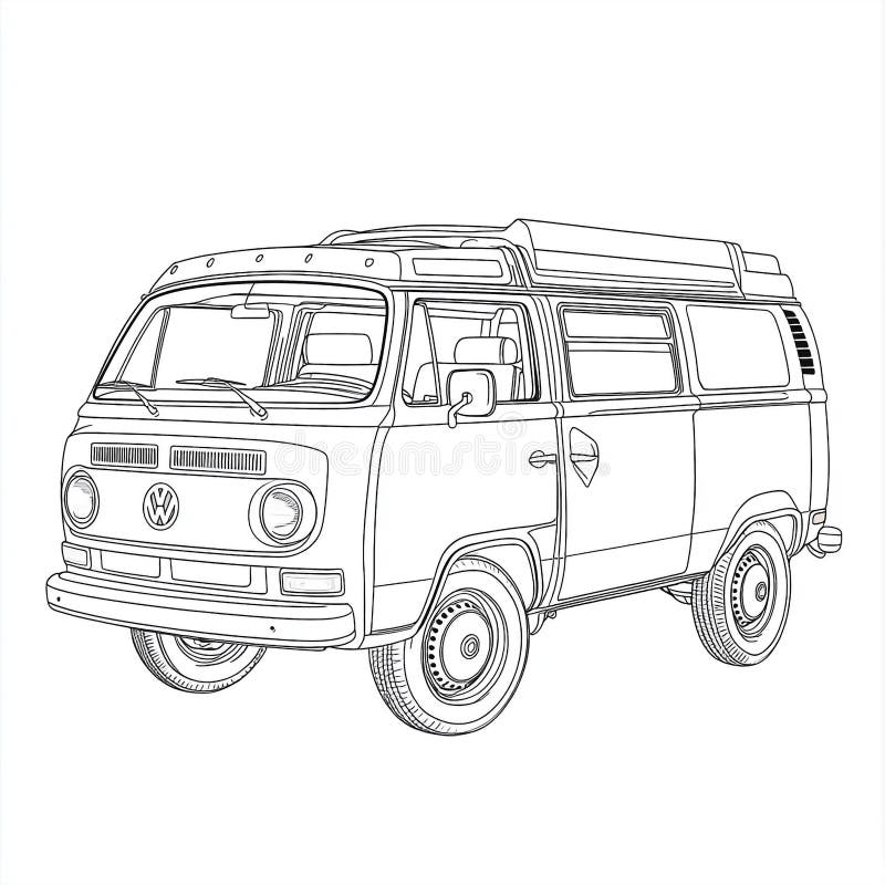 Detailed Outlined Illustration of Classic Campervan for Retro Design ...