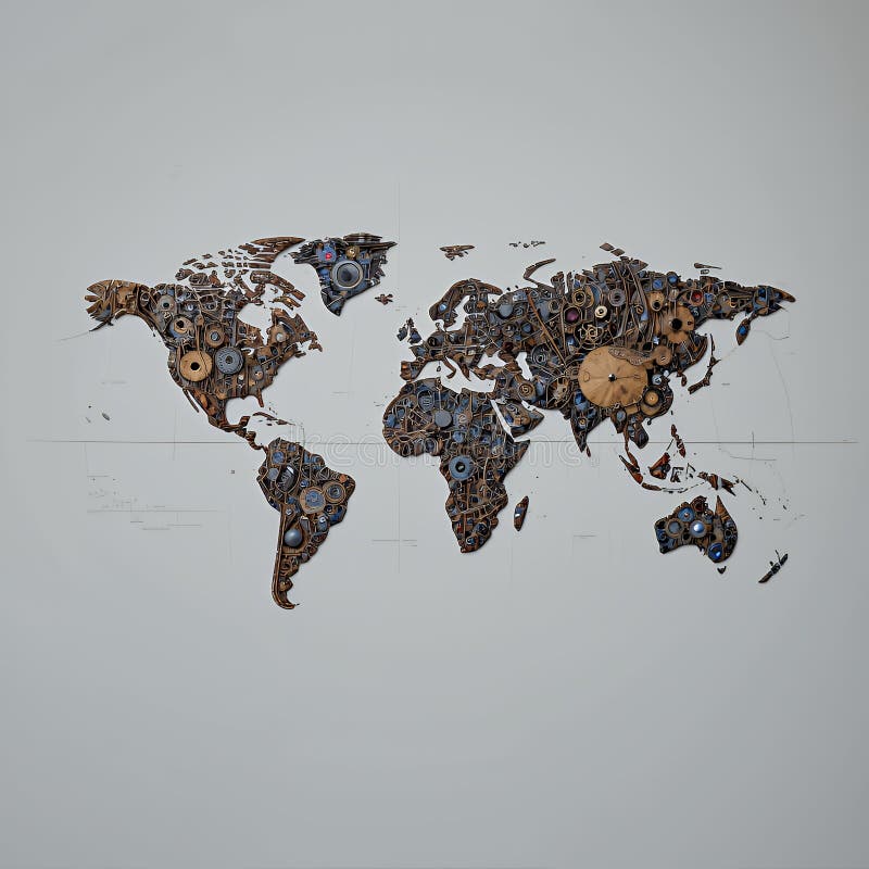 Detailed Brown and Beige Wooden World Map Crafted from Intricate Cogs ...