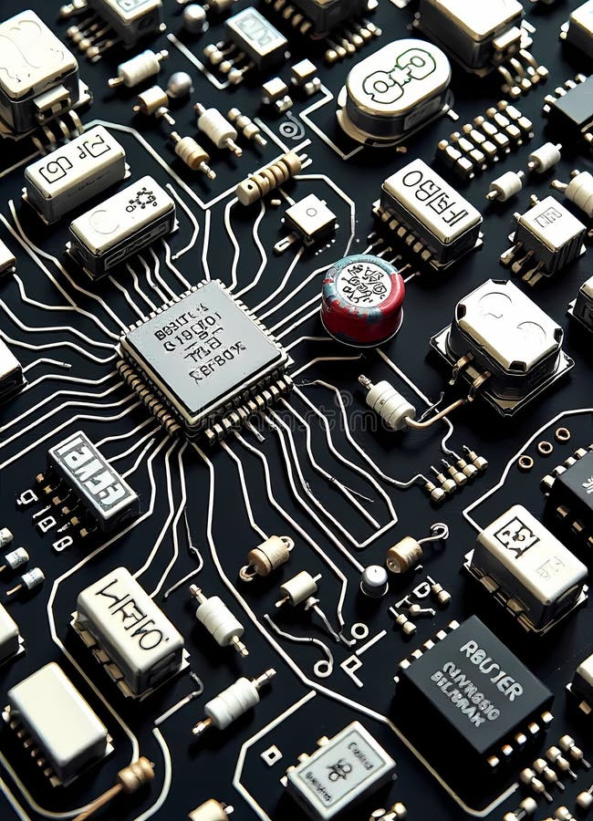 Detailed Overhead View of a Dense Circuit Board, Highlighting ...