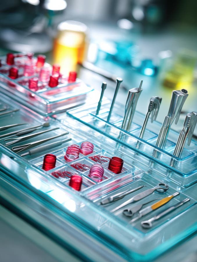 Organized Dental Tray Displaying Surgical Tools and Implants in Soft ...