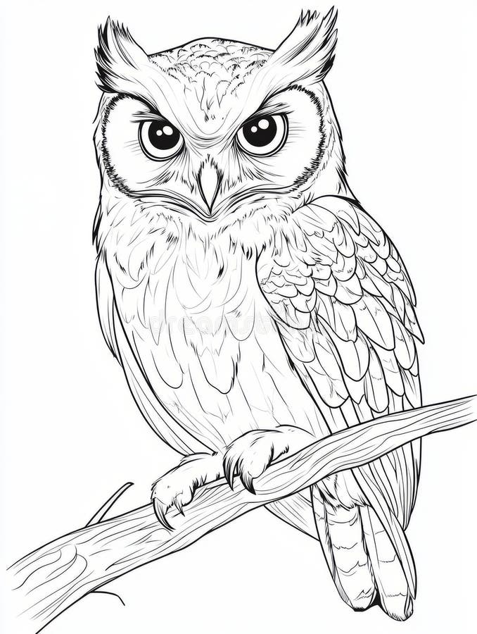 Detailed Owl Line Drawing Perched Branch Stock Photos - Free & Royalty ...