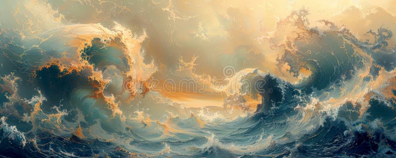 Detailed Painting of Two Large Ocean Waves during a Dramatic Sunset ...