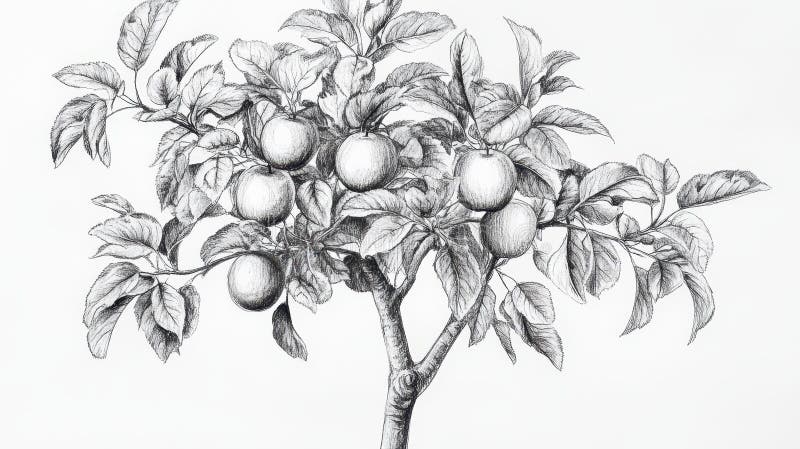 A Detailed Pen and Ink Drawing of an Apple Tree with Five Apples Stock ...