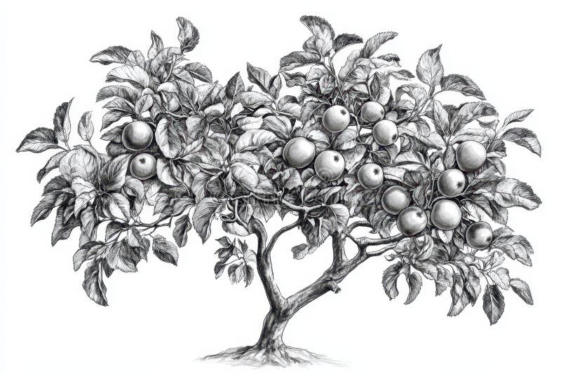 A Detailed Pen and Ink Drawing of an Apple Tree with Fruit Stock ...