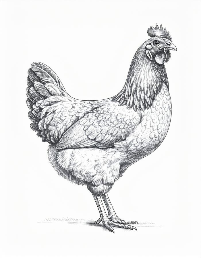 Detailed Pen and Ink Drawing of a Chicken Standing on a White ...