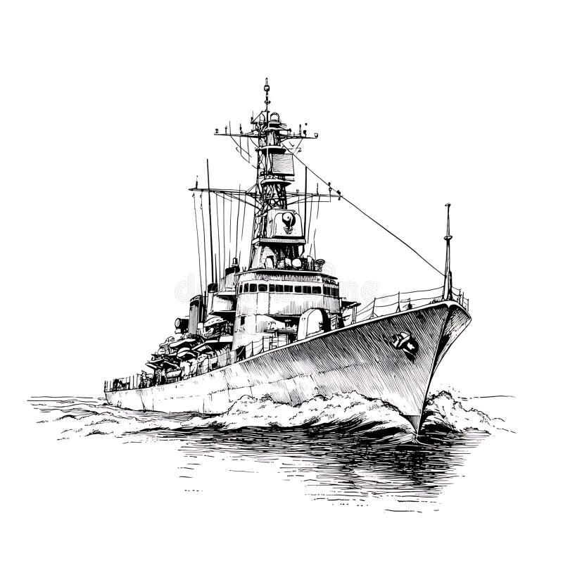 Detailed Pen-and-ink Drawing of a Warship at Sea Stock Illustration ...