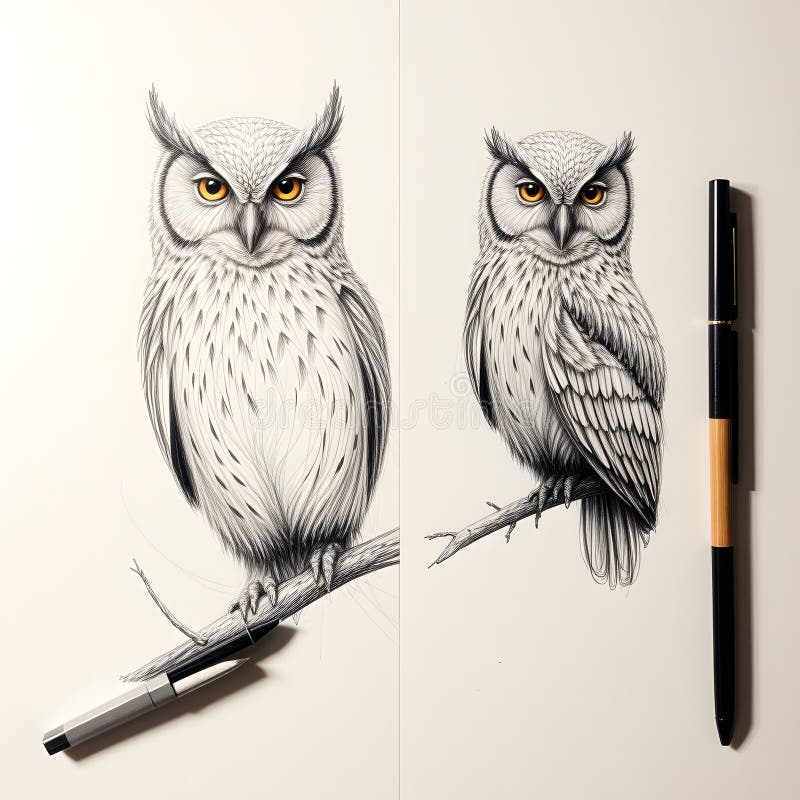 Detailed Pen and Ink Drawings of Two Majestic Owls Perched on Branches ...