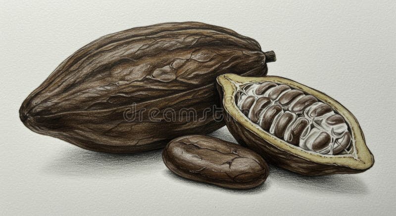 Detailed Pencil Drawing of Cocoa Pods and Beans Showing the Inside and ...