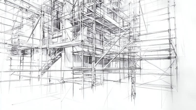 Detailed Pencil Drawing of a Construction Site Scene Stock Illustration ...