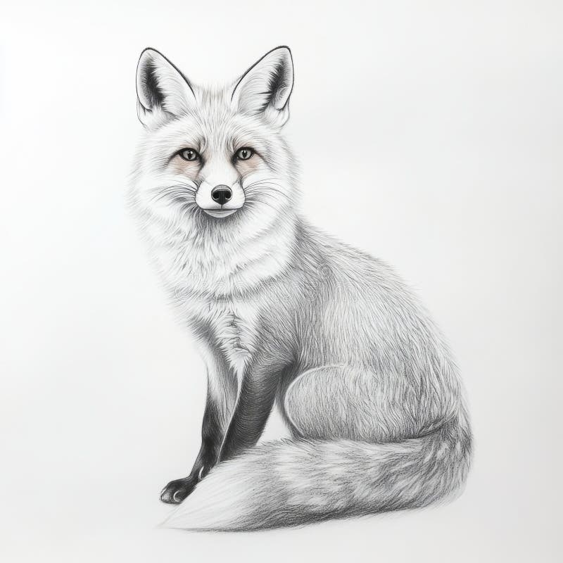 A Detailed Pencil Drawing of a Fox Sitting on a White Background. Stock ...