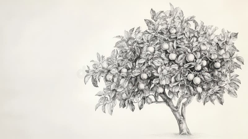 A Detailed Pencil Drawing of a Fruit Tree with Apples Stock ...