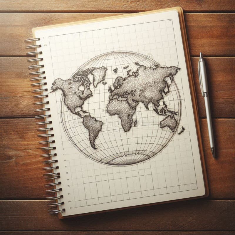 Detailed Pencil Drawing of a Globe with World Map Background Stock ...