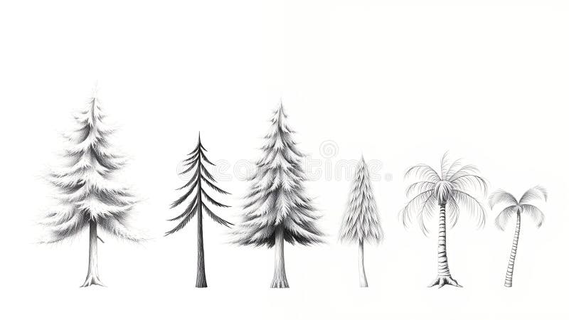 Detailed Pencil Drawing of Seven Trees in Black and White Stock ...