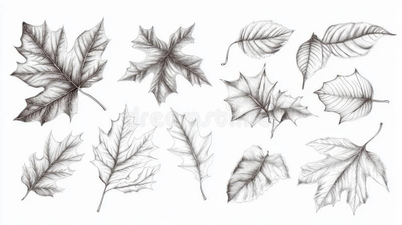Detailed Pencil Drawings of Fallen Autumn Leaves Stock Illustration ...