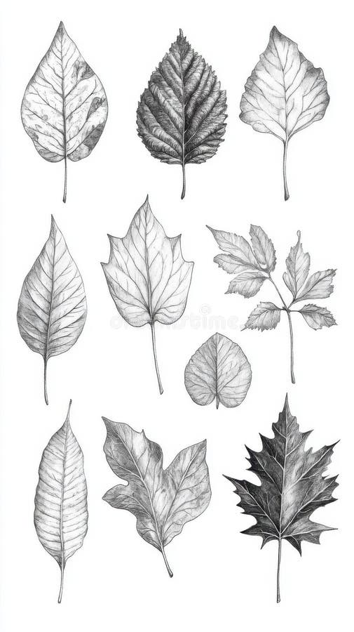 Detailed Pencil Drawings of Various Leaf Shapes Stock Illustration ...