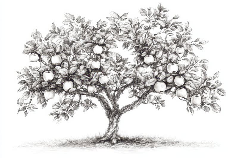 A Detailed Pencil Sketch of an Apple Tree with Fruit Stock Illustration ...