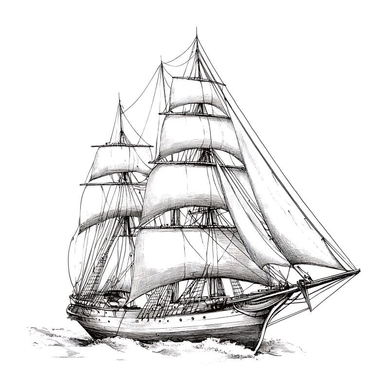 Detailed Pencil Sketch of a Brigantine Sailing Ship Stock Illustration ...