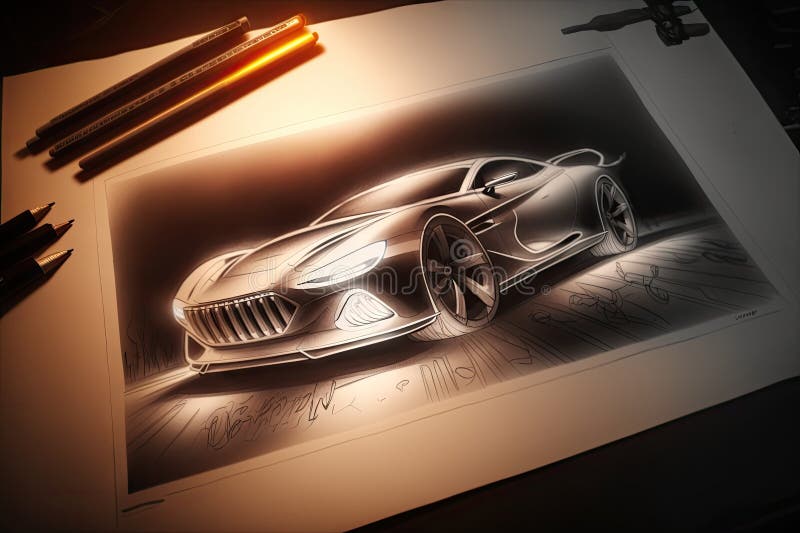 Detailed Pencil Sketch of Car Design with Creative Lighting and Shadows ...