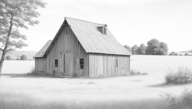 A Detailed Pencil Sketch of a Rustic, Weathered Barn in a Vast Open ...