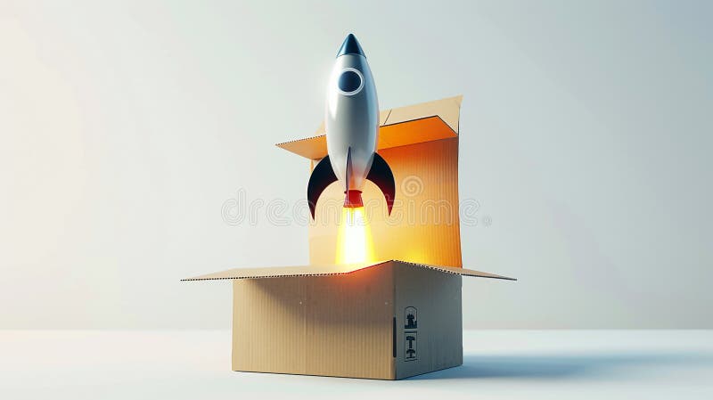 Detailed Perspective of a Tiny Rocket Soaring Out of a Cardboard Box ...