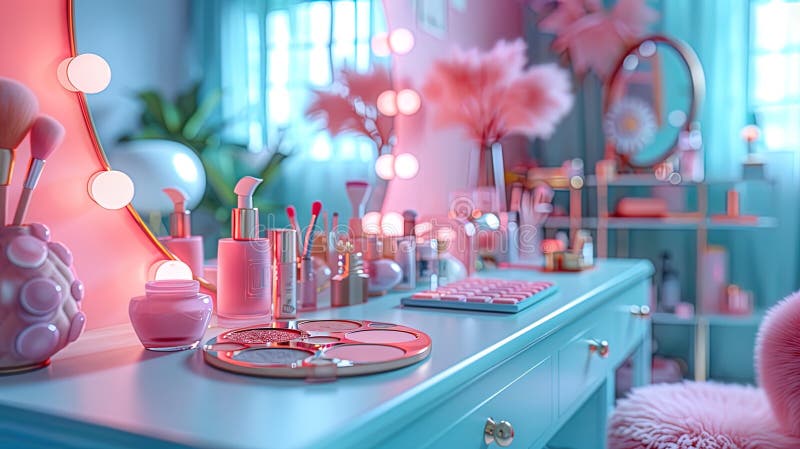 Detailed Perspective of a Vanity Table Adorned with Makeup Palettes ...