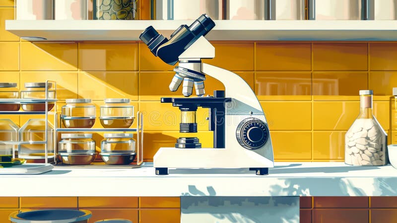 A Detailed Perspective View Showcases a Microscope among Numerous Petri ...