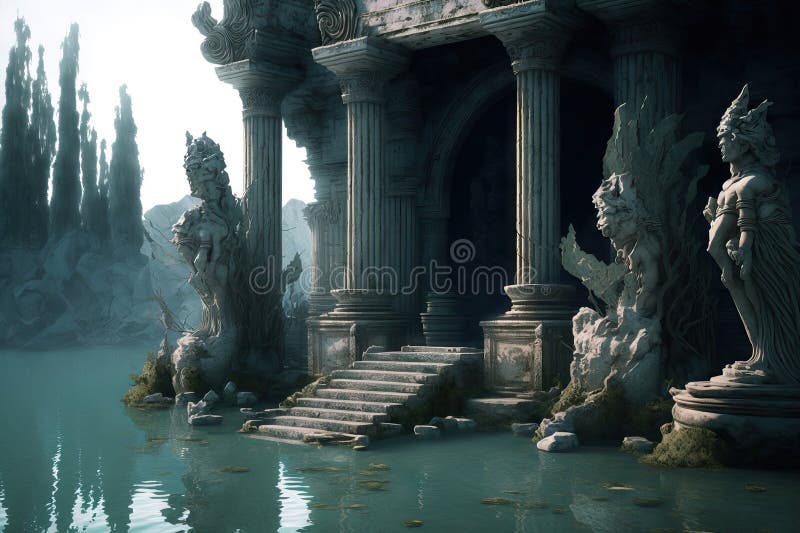 Detailed Picture of a Lake and Stone Figures in an Old Fantasy Temple ...