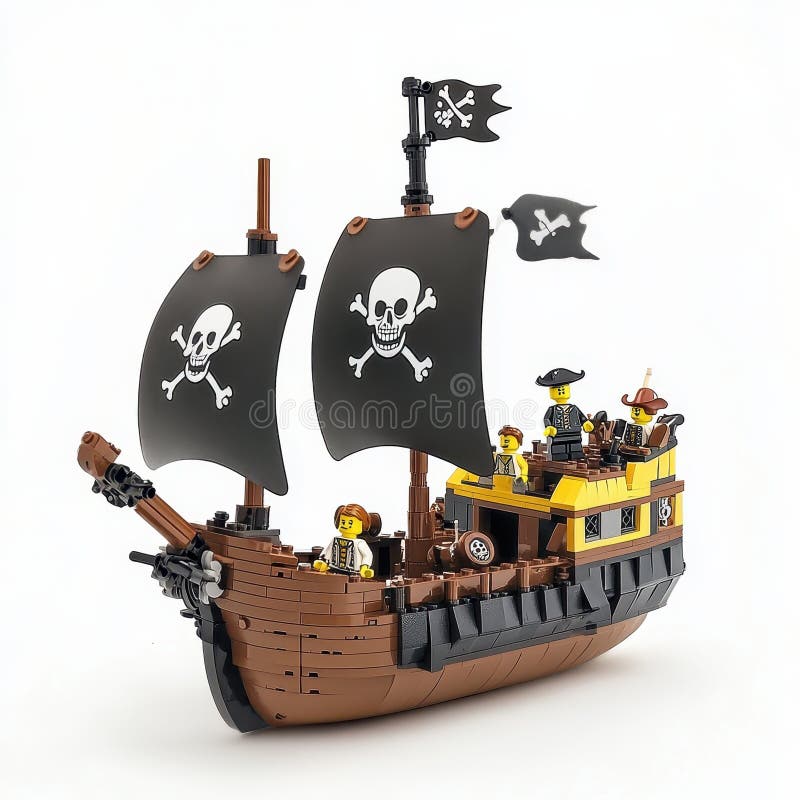 A Detailed Pirate Ship Model with Black Sails and Crew Figures ...