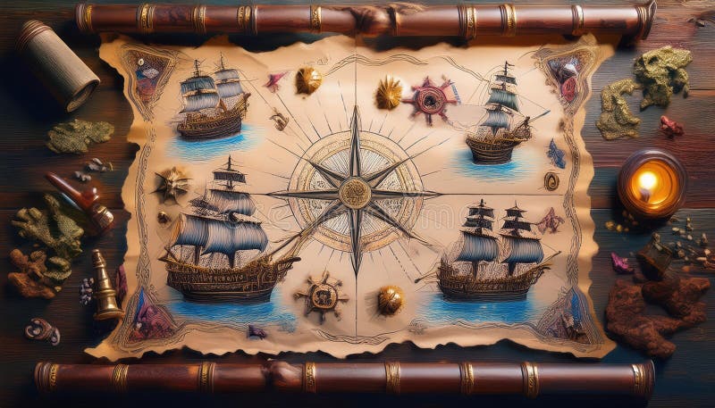 Detailed Pirate Treasure Map with Ships and Navigation Elements ...