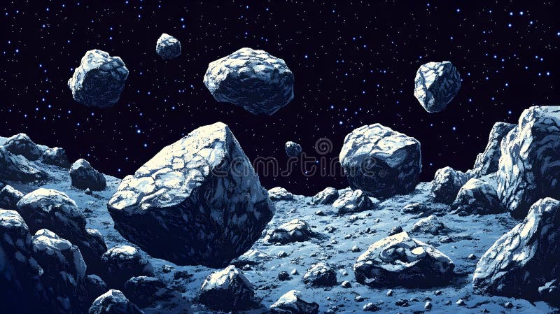 Detailed Pixel Art of an Asteroid Field in Deep Space with Blue ...