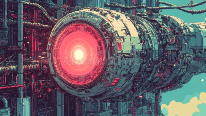 Detailed Pixel Art of a Futuristic Turbine Engine with Red Light and ...