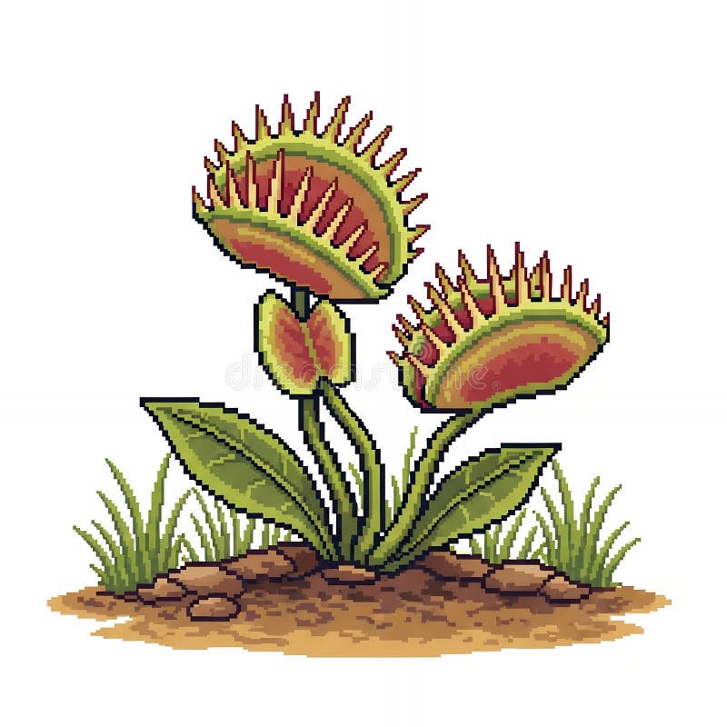 A Carnivorous Venus Flytrap Plant with Two Open Traps, Rendered in a Detailed Pixel Art Style on ...