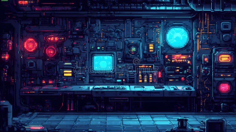 Detailed Pixelated Control Panel with Glowing Neon Lights and Retro ...