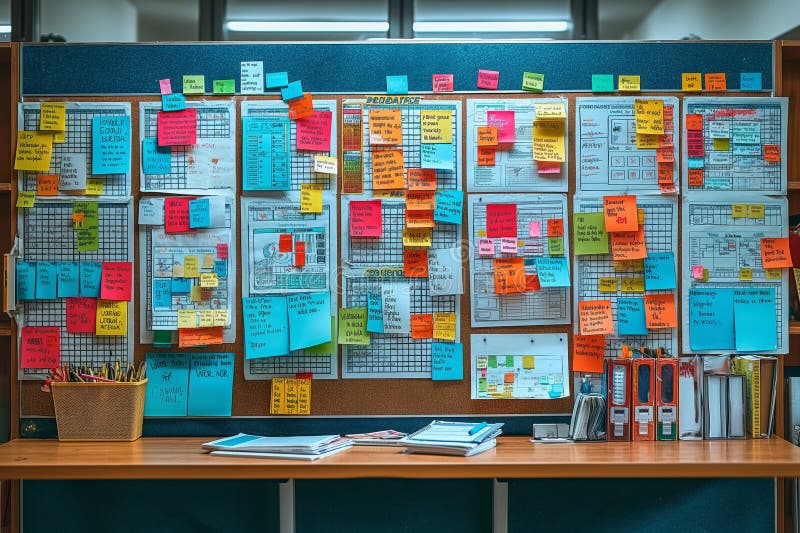 Detailed Planning Board with Sticky Notes and Documents. Stock Photo ...
