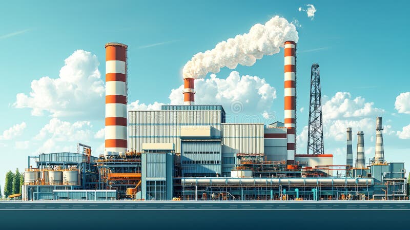 Detailed Power Plant with Smokestacks and Machinery Stock Illustration ...