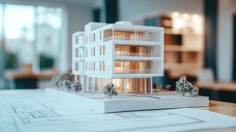 Close-up View of Modern Architectural Blueprints and a Scale Model of a ...