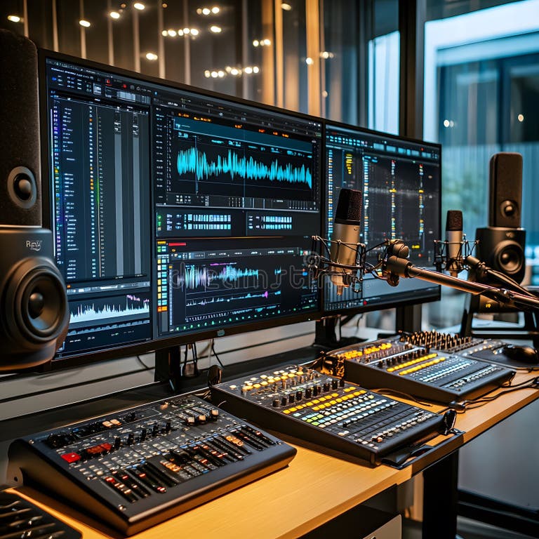 Detailed Professional Broadcasting Studio Setup Featuring Large ...