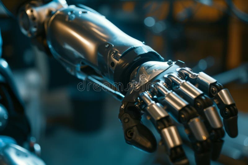 Detailed Prosthetic Robotic Hand in Workshop. Close-up of an ...