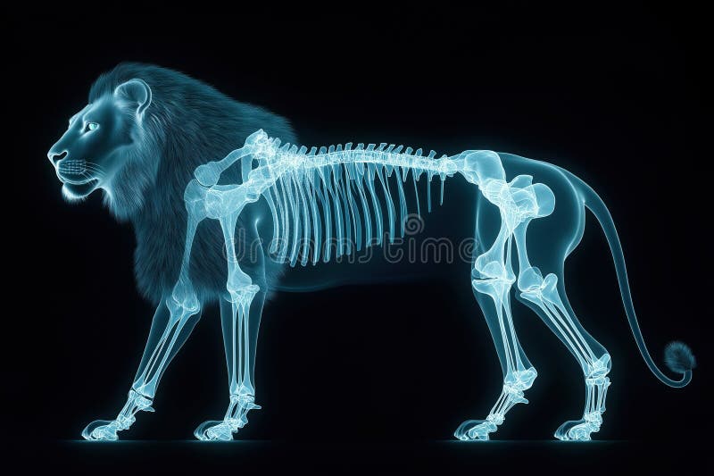 Detailed X-ray Illustration of Lion Glowing Skeleton. Powerful Bone ...
