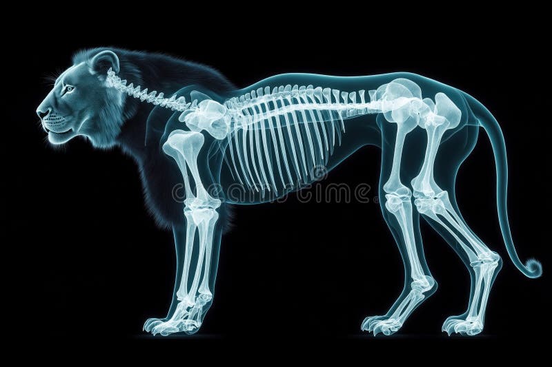 Detailed X-ray Illustration of Lions Glowing Skeleton. Powerful Bone ...