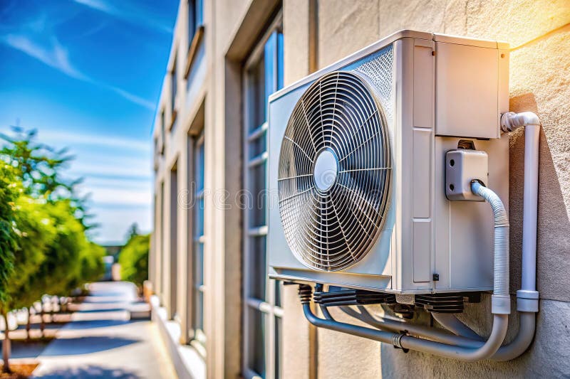 Closeup Candid Photograph of Modern Exterior Air Conditioner Compressor ...