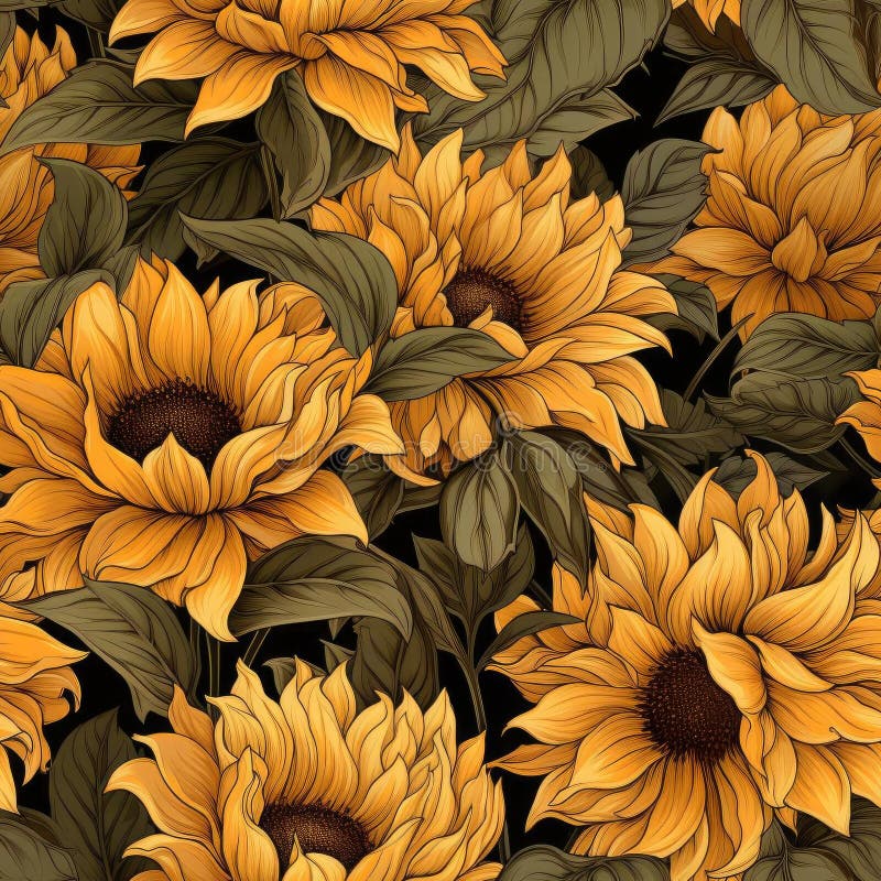 Detailed and Realistic Sunflower Patterns on Black Backgrounds (tiled ...