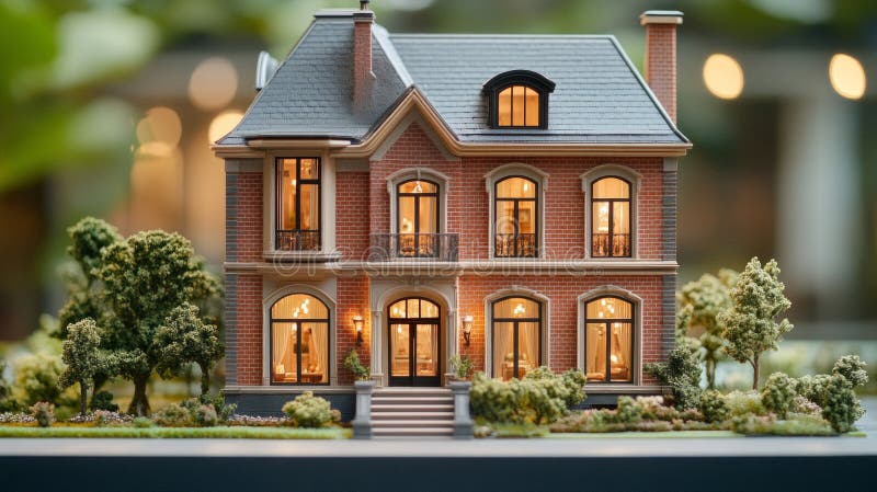 Detailed Red Brick Miniature House Model at Night Stock Illustration ...