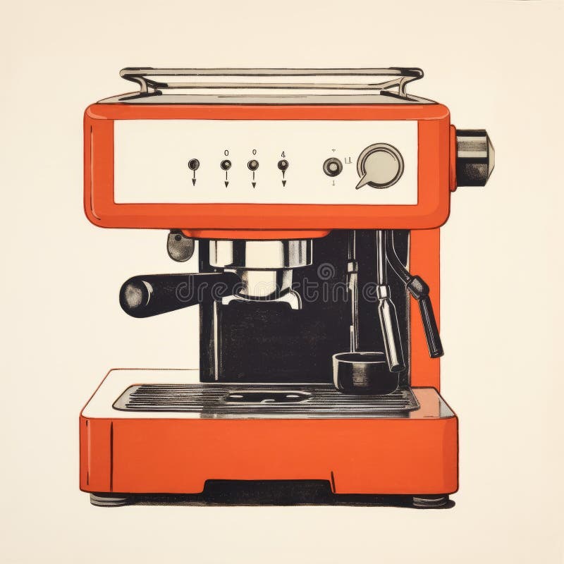 Detailed Red Espresso Coffee Machine Lithograph on Unprimed Canvas ...