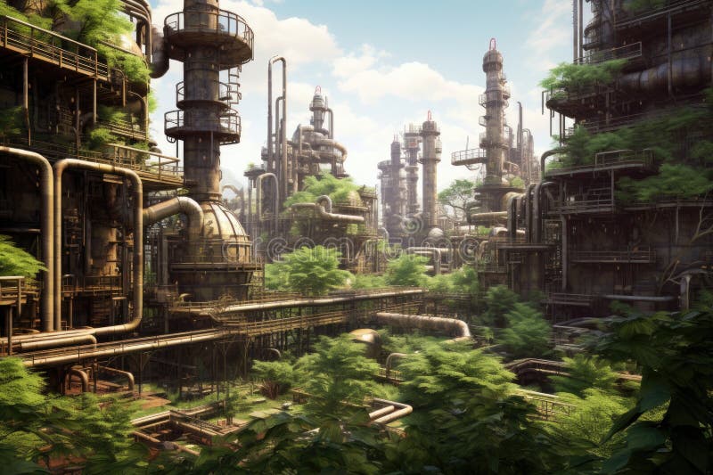 Detailed Refinery Structures Surrounded by Greenery Stock Illustration ...