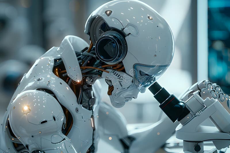 Futuristic Robot Scientist Looking through Microscope in Laboratory ...