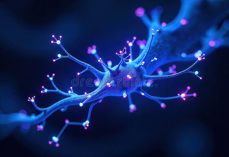 Glowing Neuron Cell Body, Axons, and Dendrites with Pink Synapses on ...