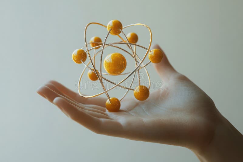A Detailed Rendering of a Hand Holding a Golden Atomic Model ...